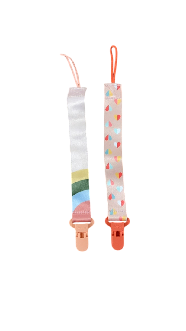 Nuby Pacifier Clips, 2 Pack, Peach Stripes and Hearts — GoodBuy Gear