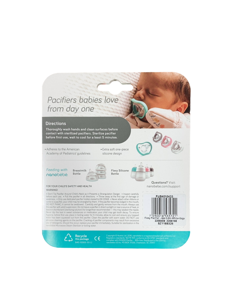 Nanobébé Flexy Pacifier 4 Pack, Sage/White