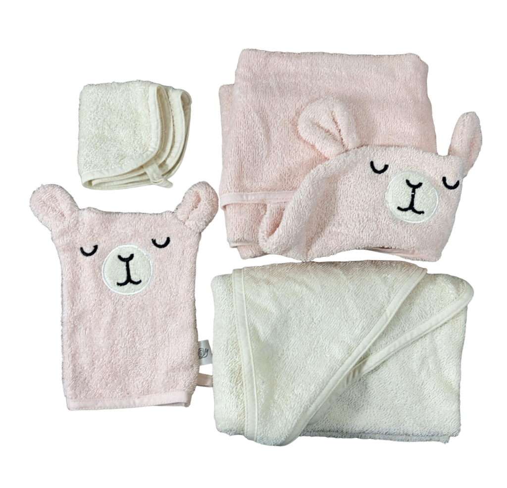 Tiny Kind Cozy Critter Bath Time Set 4 Piece, Cloud Pink Bunny