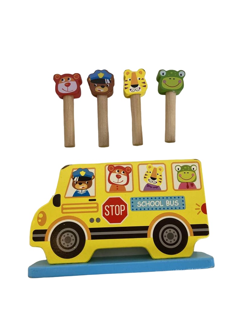 Woody Treasures Wooden Pop Up Toy, School Bus