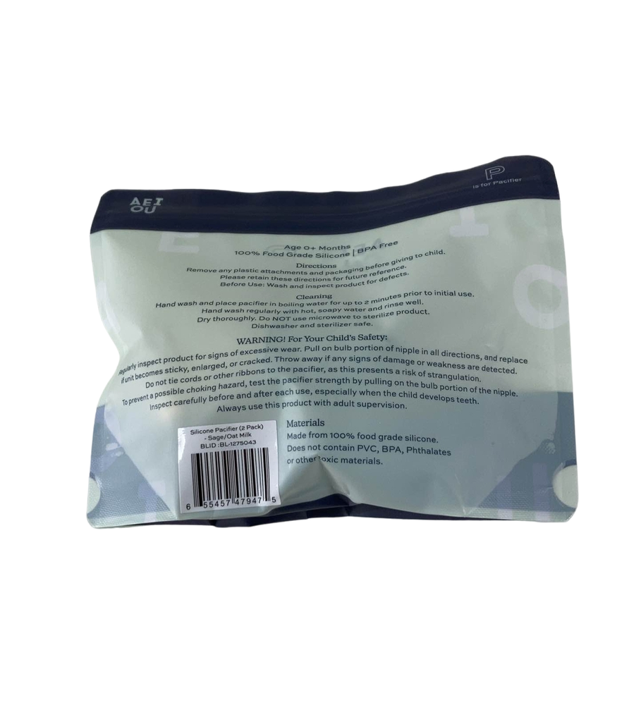 AEIOU Silicone Pacifier, 2 Pack, Sage/Oat Milk